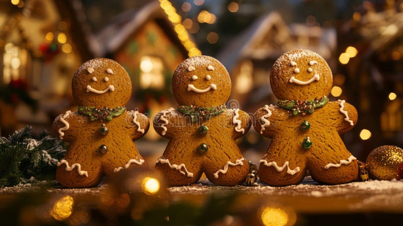 Three Gingerbread Men Stand Together Festive Christmas Scene Stock ...