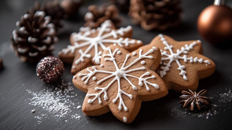 Three Gingerbread Snowflakes with White Icing on Top of a Black Table ...