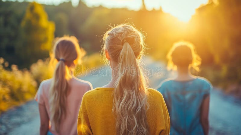 Three Girls from Behind Walking Together in Sunset Stock Illustration ...