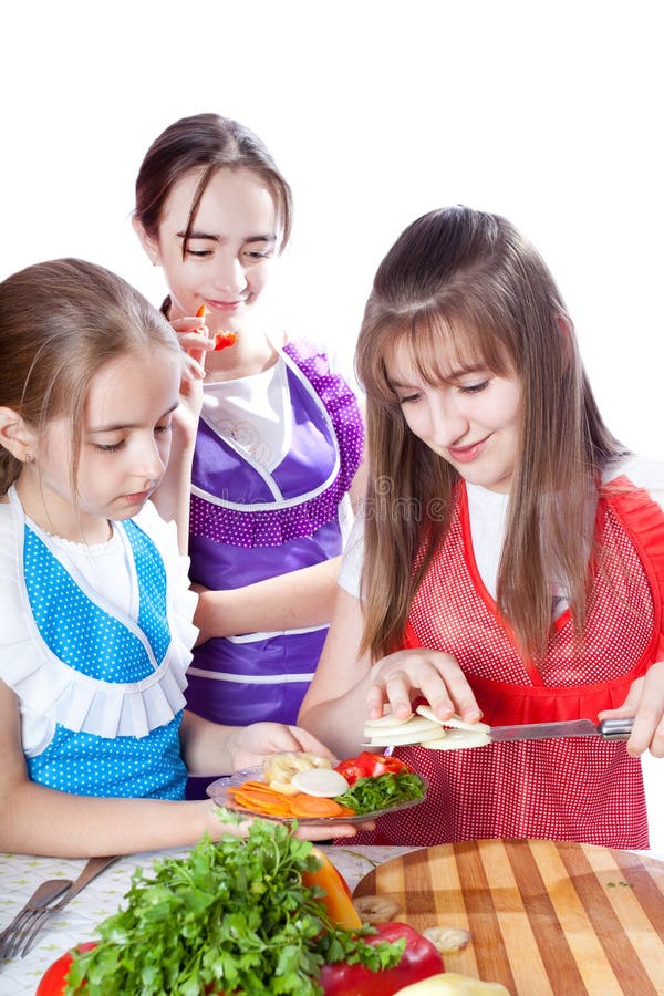 Three Girls of the Cook Prepare a Vegetarian Dish Stock Image - Image ...