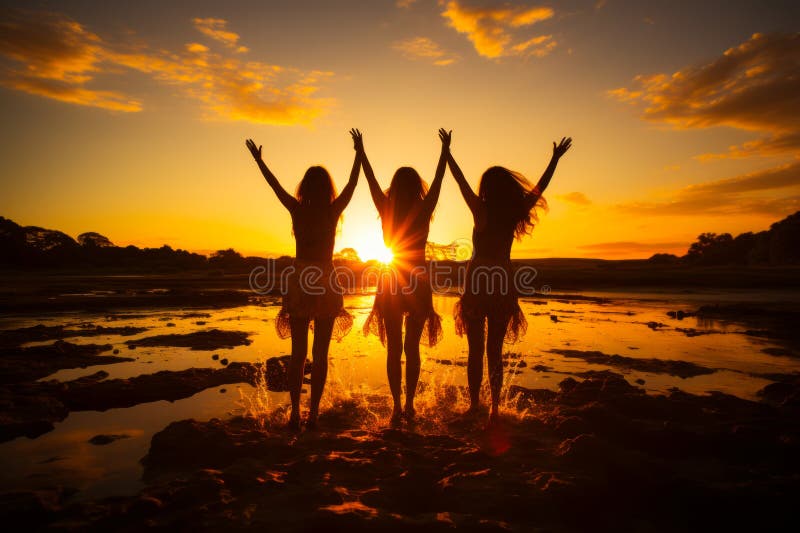 Three Girls Enjoying a Serene Sunset at the Beach Stock Photo - Image ...