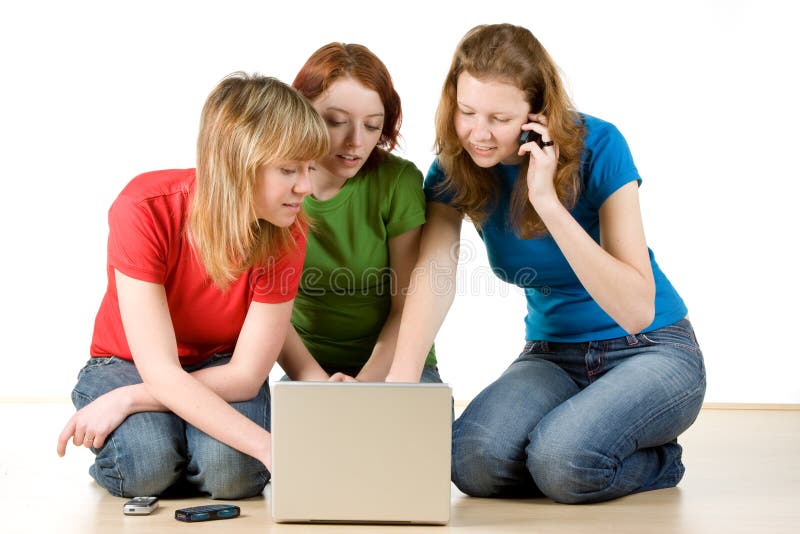 Teens Using Laptop and Cellphone Stock Image - Image of networking ...