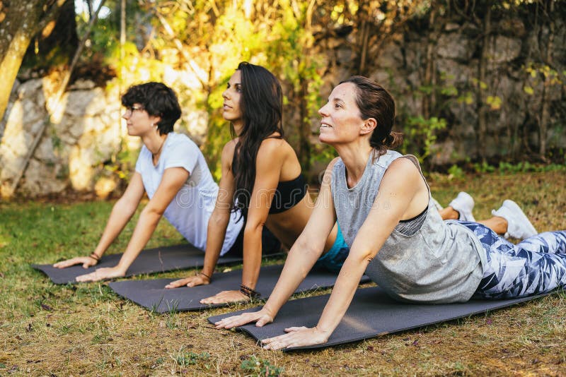 Three Girls Making Yoga Posture. Wellness and Meditation Stock Photo ...