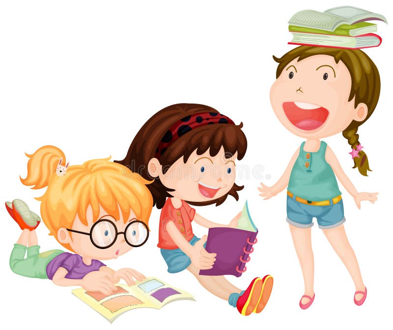 Three Girls Reading Books Together Stock Vector - Illustration of ...