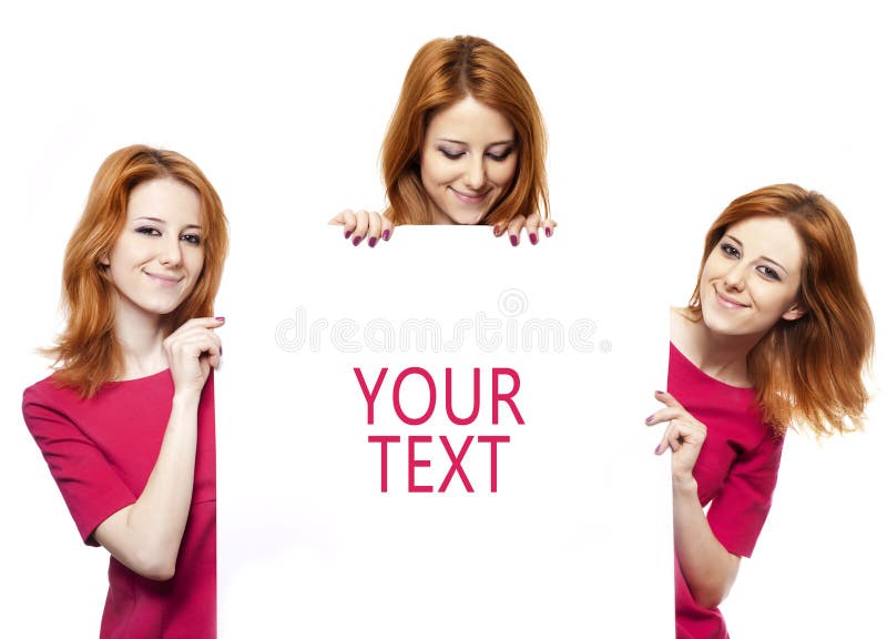 Three Girls in Red Dress Holding White Backgound. Stock Image - Image ...