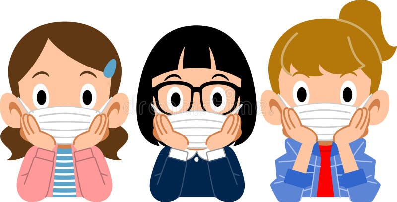 Three Girls Who Put on a Mask, and Rest Their Cheek on Their Hand Stock ...