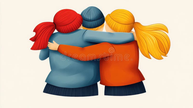 Three Girls in Winter Hats Hugging Back View Illustration Stock Photo ...