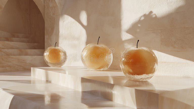 Three Glass Apples on Beige Platforms in Minimalist Setting Stock ...