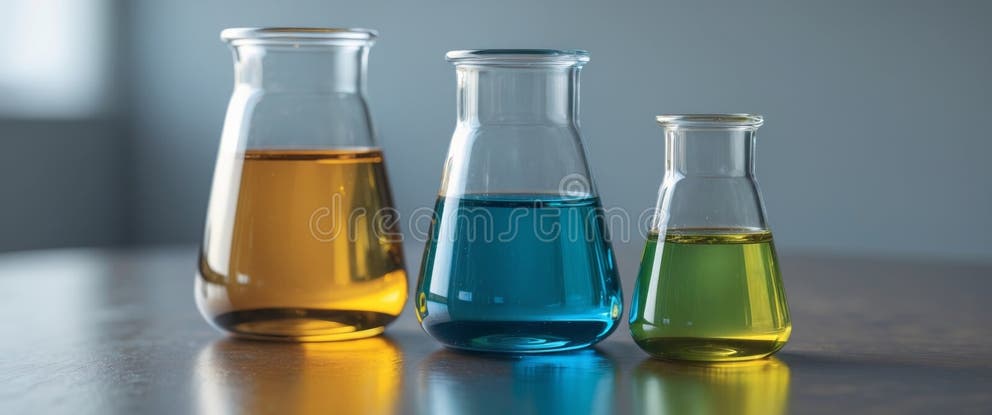 Three Glass Beakers Filled with Different Colored Liquids Sit on a ...