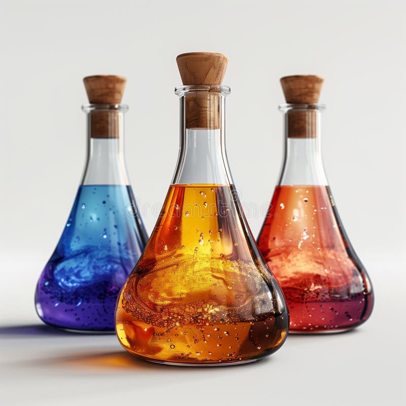 Three Glass Beakers Filled with Various Colored Liquids on a White ...