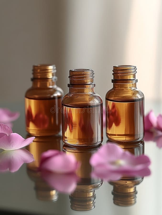 Three Glass Bottles with Essential Oils and Rose Petals. Stock Image ...