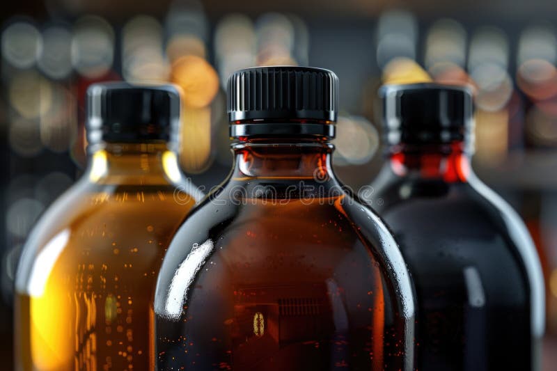 Three Glass Bottles Filled with Different Liquids Sit on a Table, Ready ...