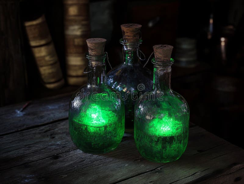 Three Glass Bottles Filled with Glowing Green Liquid on a Wooden Table ...