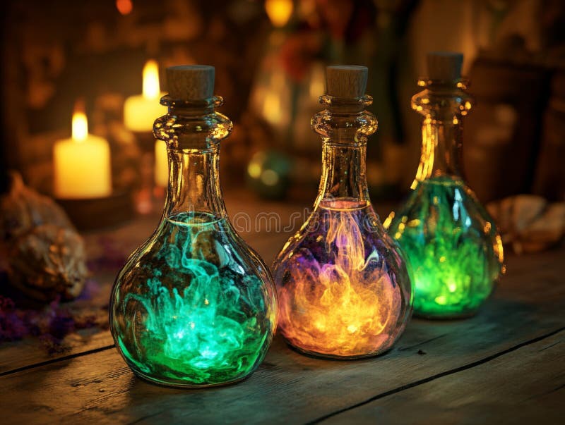 Three Glass Bottles Filled with Glowing Liquids on Wooden Surface Stock ...