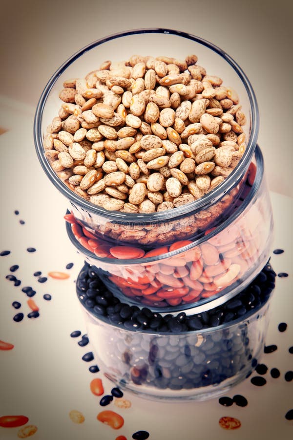 Three Glass Bowls Filled with Pinto, Red, Black Beans Stock Photo ...