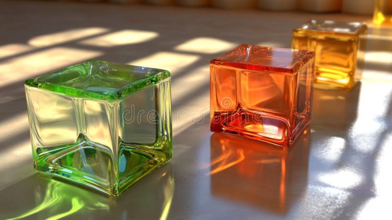 Three Glass Cubes in Vibrant Colors on Reflective Surface Stock ...