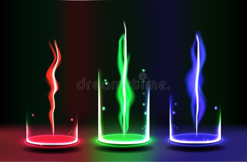 Three Glass Cylinders Display Vibrant Light Trails of Red, Green, and ...