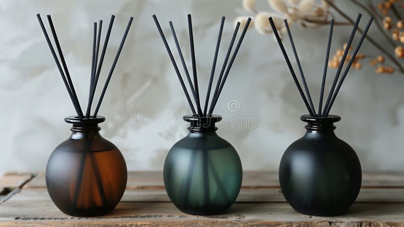Three Glass Diffuser Bottles with Black Sticks on Wooden Surface Stock ...