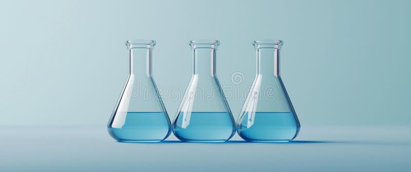 Three Glass Flasks with Blue Chemical Liquid on a Light Blue Background ...