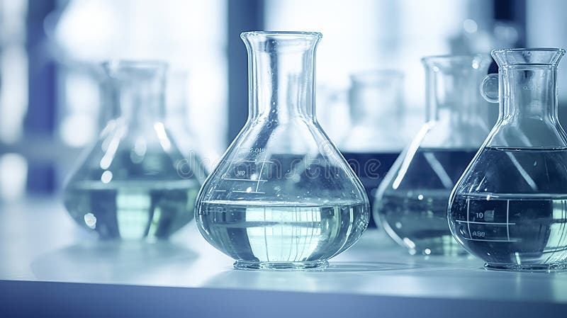 Three Glass Flasks with Liquid are Placed on a Laboratory Table ...