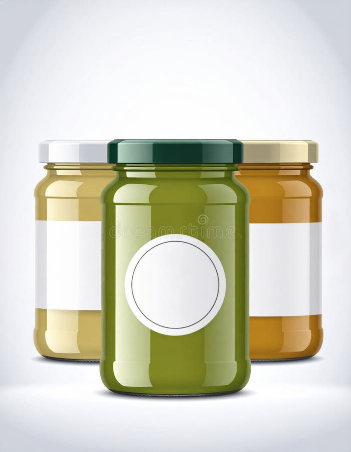 Three Glass Jars with Blank Labels on White Background Stock ...