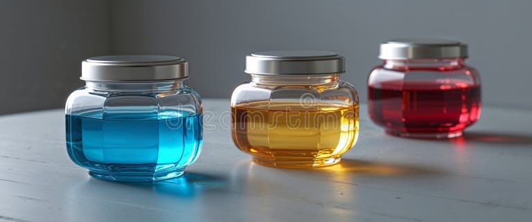 Three Glass Jars Displaying Different Colored Liquids on a Table. Stock ...