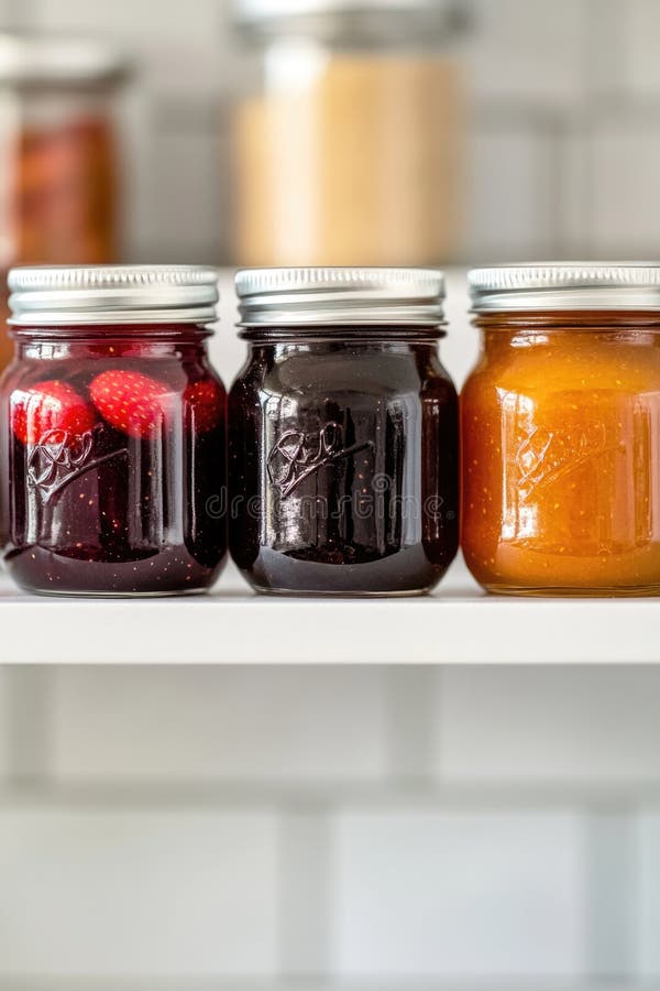 Three Glass Jars Filled Jam Sitting Wooden Shelf Stock Photos - Free ...