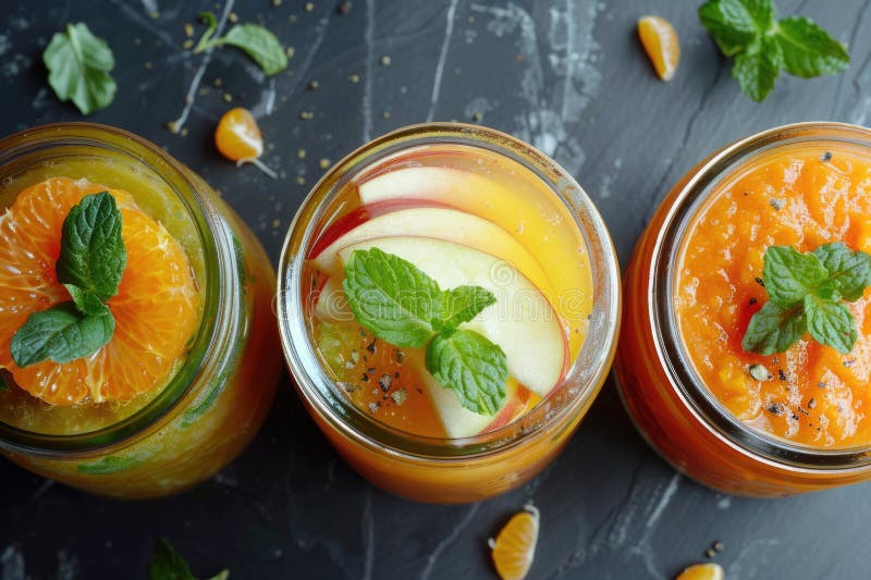 Three Glass Jars Filled with Various Fruits on a Table Stock Image ...
