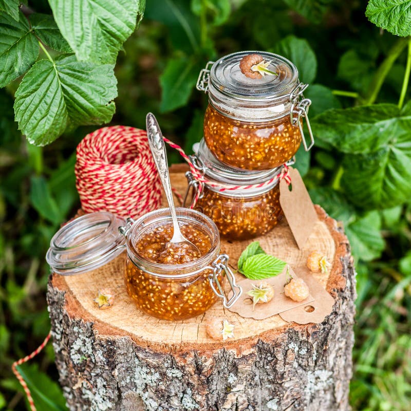 Golden Raspberry Jam stock photo. Image of canned, leaf - 133115040