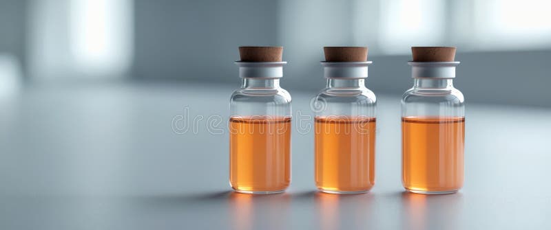 Three Glass Laboratory Vials with Orange Liquid on Table Surface Stock ...