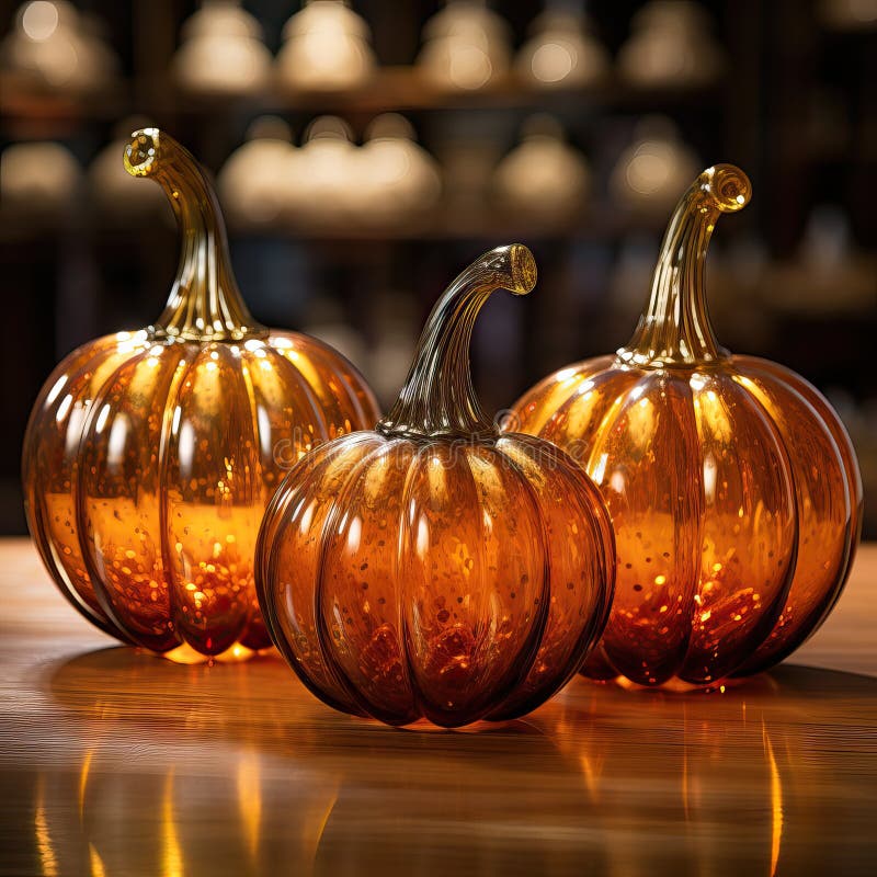 Three Glass Pumpkins, Halloween Home Decoration Decor Elements, Hand Made Transparent Colored ...