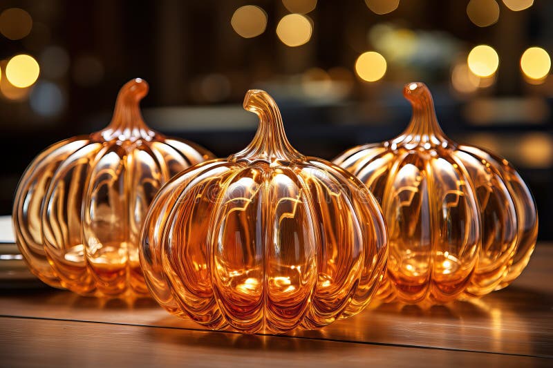 Three Glass Pumpkins, Halloween Home Decoration Decor Elements, Hand Made Transparent Colored ...