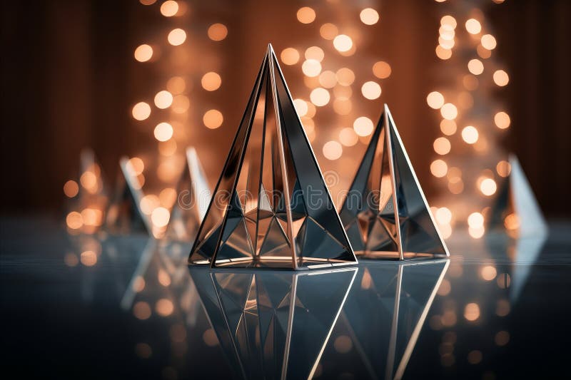 Three Glass Pyramid Shaped Awards on a Table with Lights in the ...