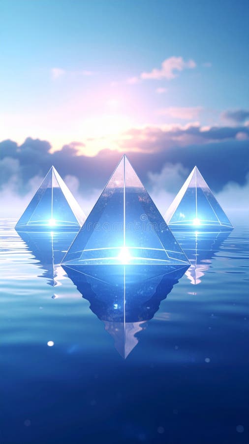 Three Glass Pyramids Reflecting in Calm Blue Water at Sunrise Stock ...