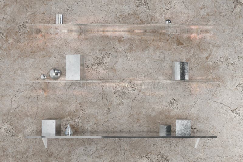 Three Glass Shelves on the Stone Wall with Metal Bstract Geometric ...