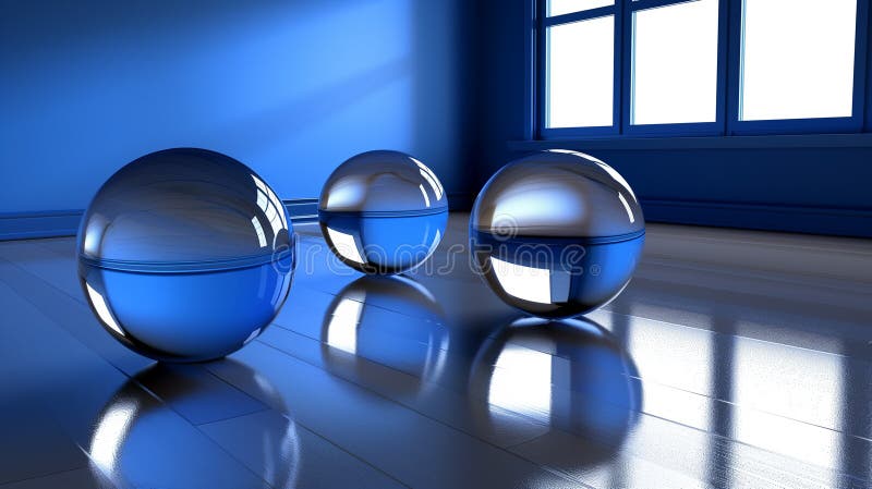 Three Glass Spheres in a Blue Room with Light Reflections Stock ...