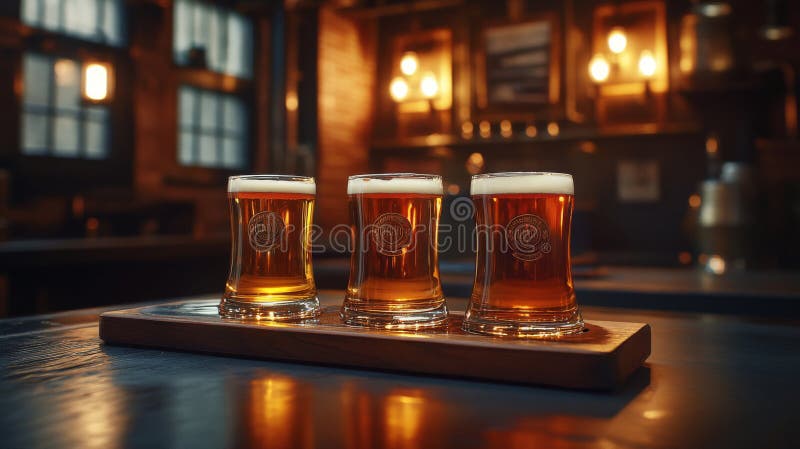 Three Glasses of Amber Beer on Wooden Tray Stock Illustration ...