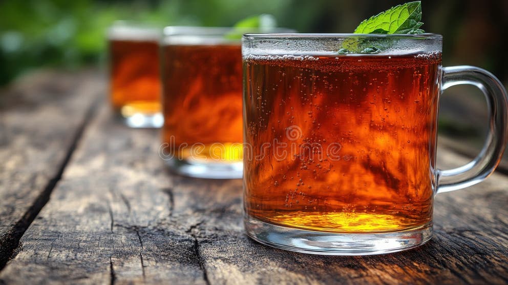 Three Glasses of Amber Tea with Mint on Rustic Wooden Table Stock Photo ...