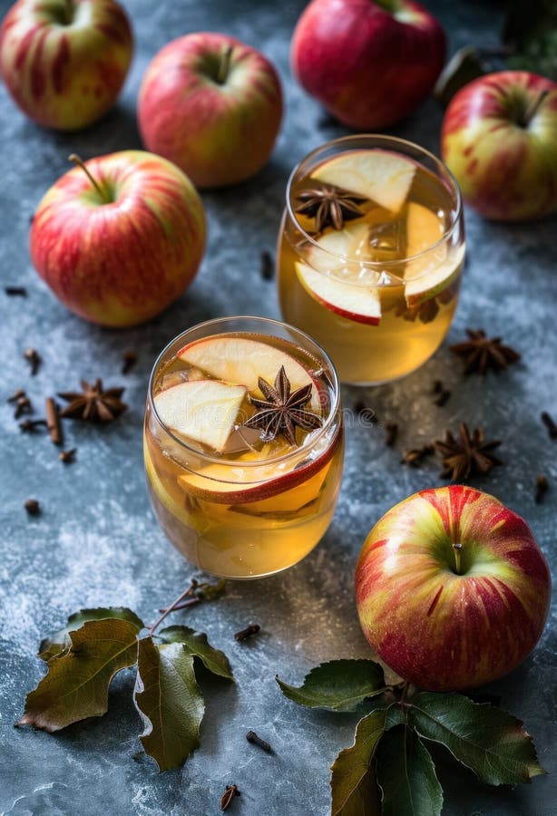 Three Glasses of Apple Cider with Apples and Spices Stock Photo - Image ...