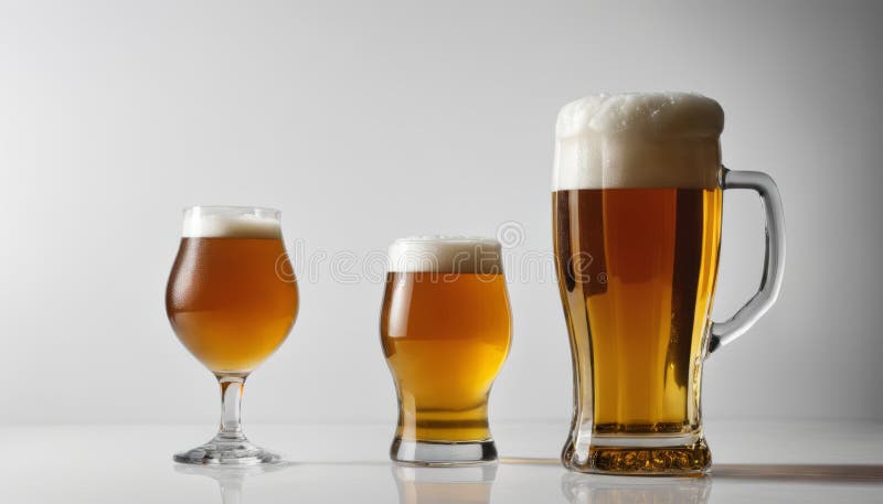 Three Glasses of Beer, One Large and Two Small, on a Table Stock ...