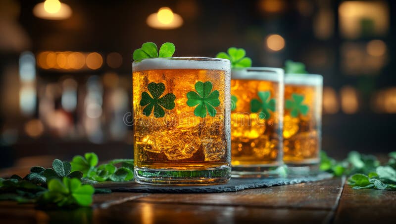 Three Glasses of Beer with Shamrock Designs on Them Stock Photo - Image ...