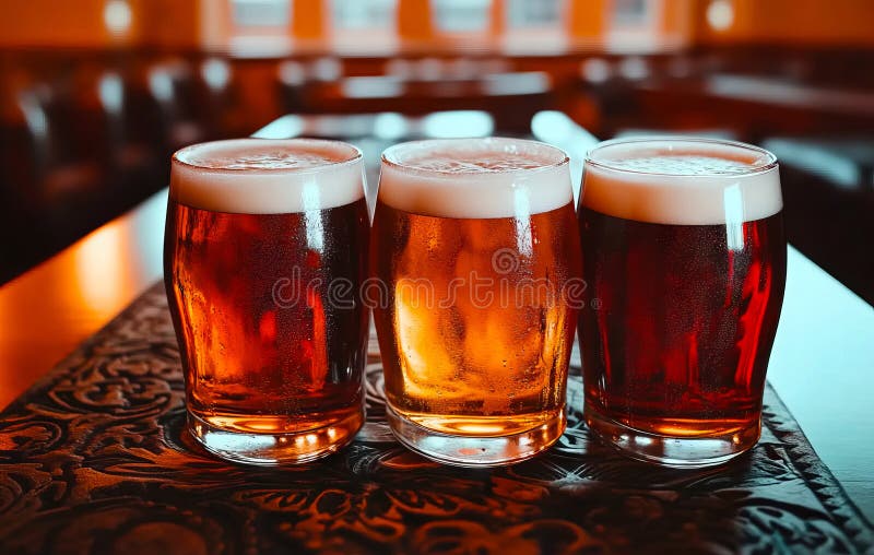 Three Glasses of Beer Sitting on Top of a Table Stock Photo - Image of ...