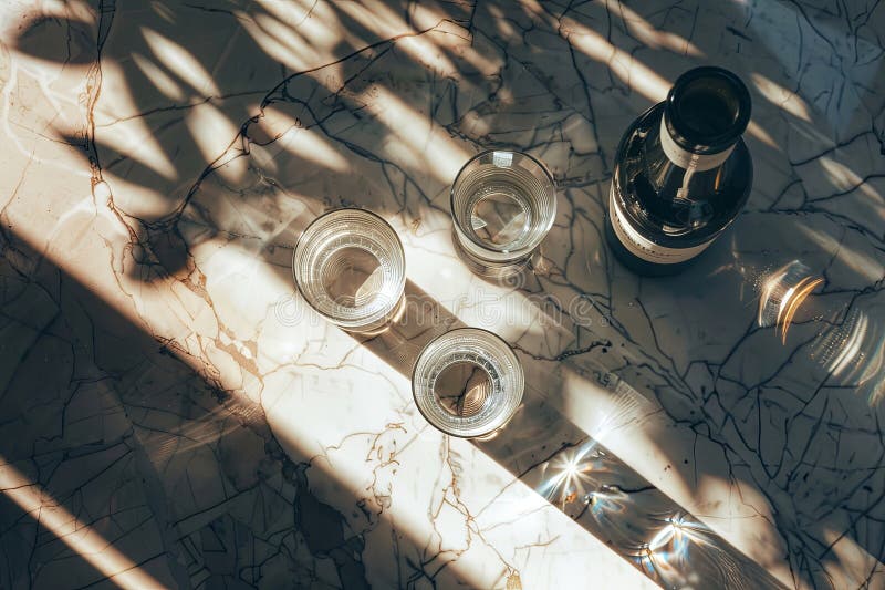 Three Glasses and a Bottle on a Marble Tabletop in Sunlight Stock ...