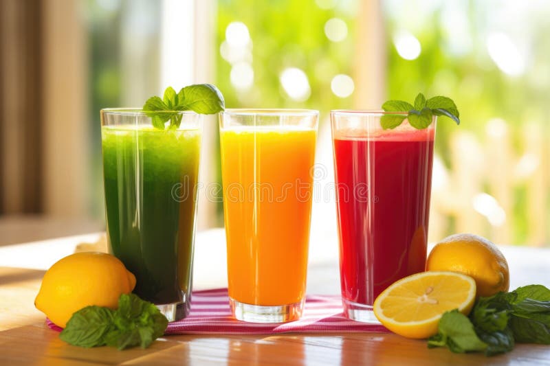 Three Glasses of Brightly Colored Vegetable Juices on a Sunny Table ...