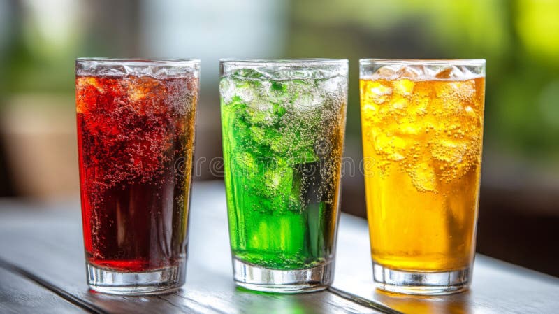 Three Glasses of Colorful Carbonated Drinks on a Table Stock ...