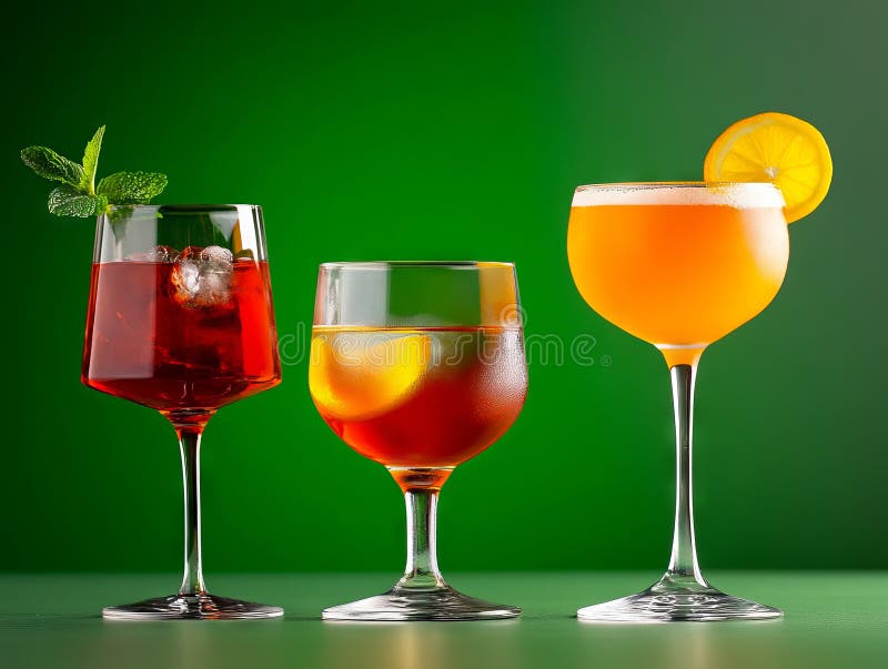 Three Glasses Filled with Different Types of Drinks on a Green Table ...
