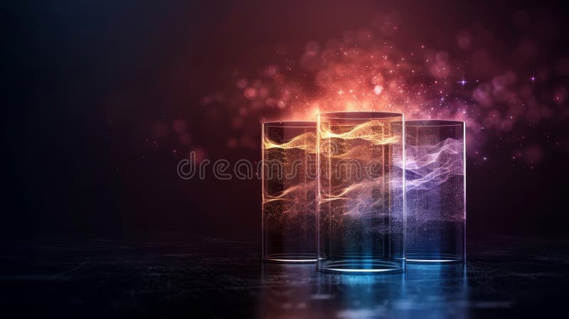 Three Glasses Filled with Liquid Glow with Neon Light in a Dark, Smoky ...
