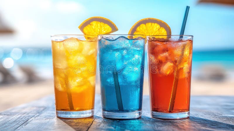 Three Glasses Filled with Vibrant Drinks Showcase a Colorful Array of ...