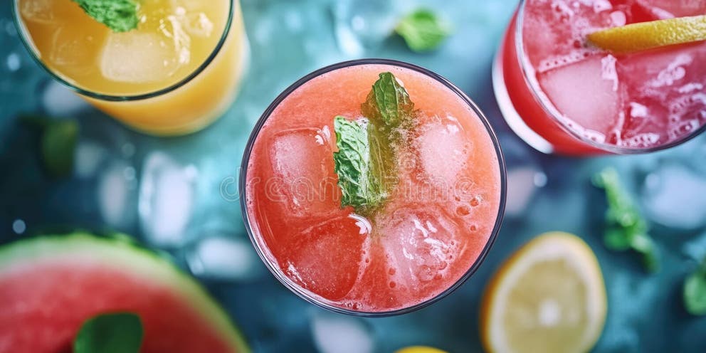Three Glasses of Fruit Punch with Ice and a Sprig of Mint Stock Image ...