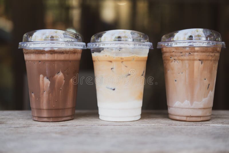 Three Glasses of Iced Coffee Drinks on Table Stock Image - Image of ...